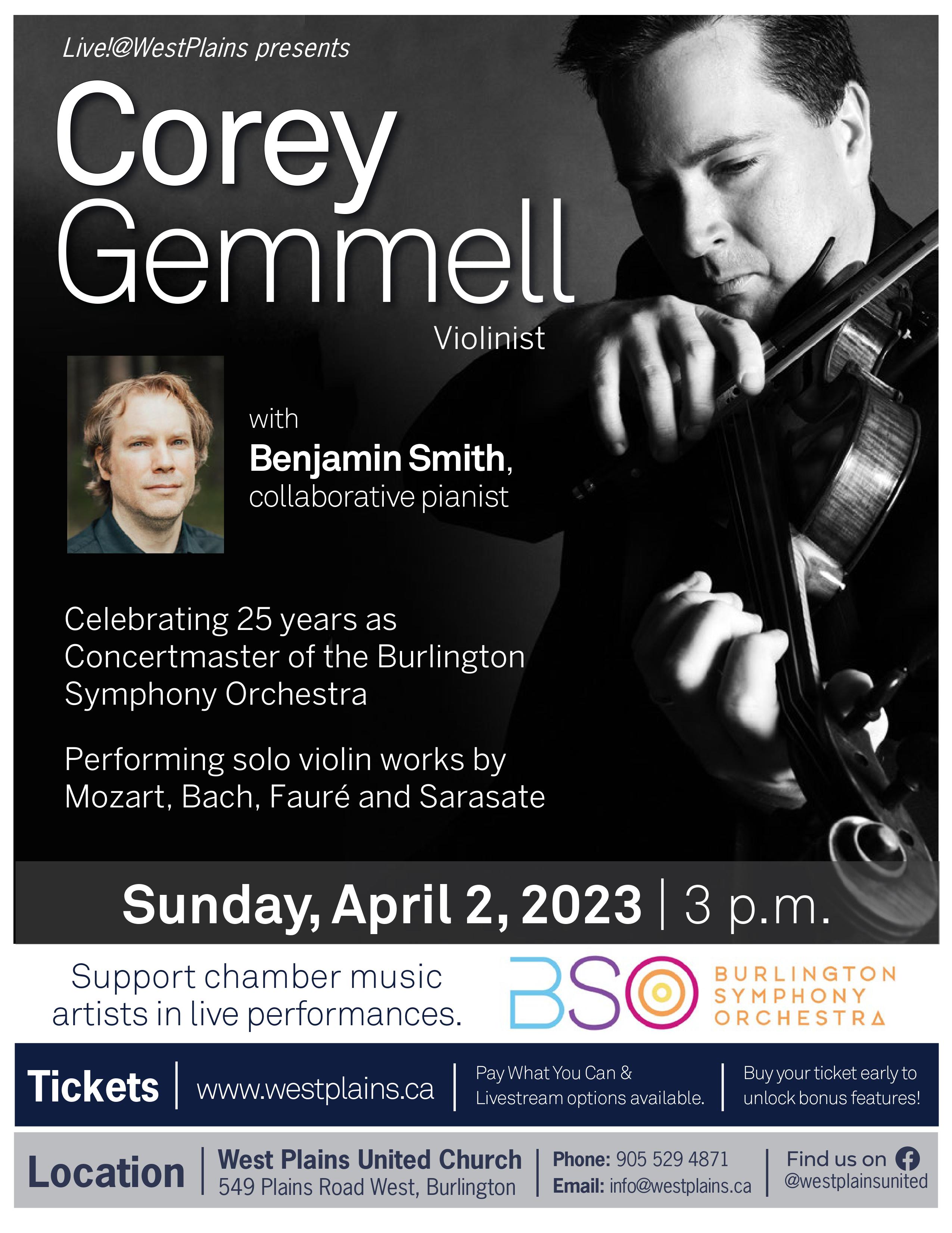 Concertmaster: Corey Gemmell, Violin Recital, with Benjamin Smith, Piano